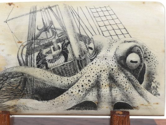 D. Adams Scrimshaw - Giant Octopus Attack! - Scrimshaw Collector